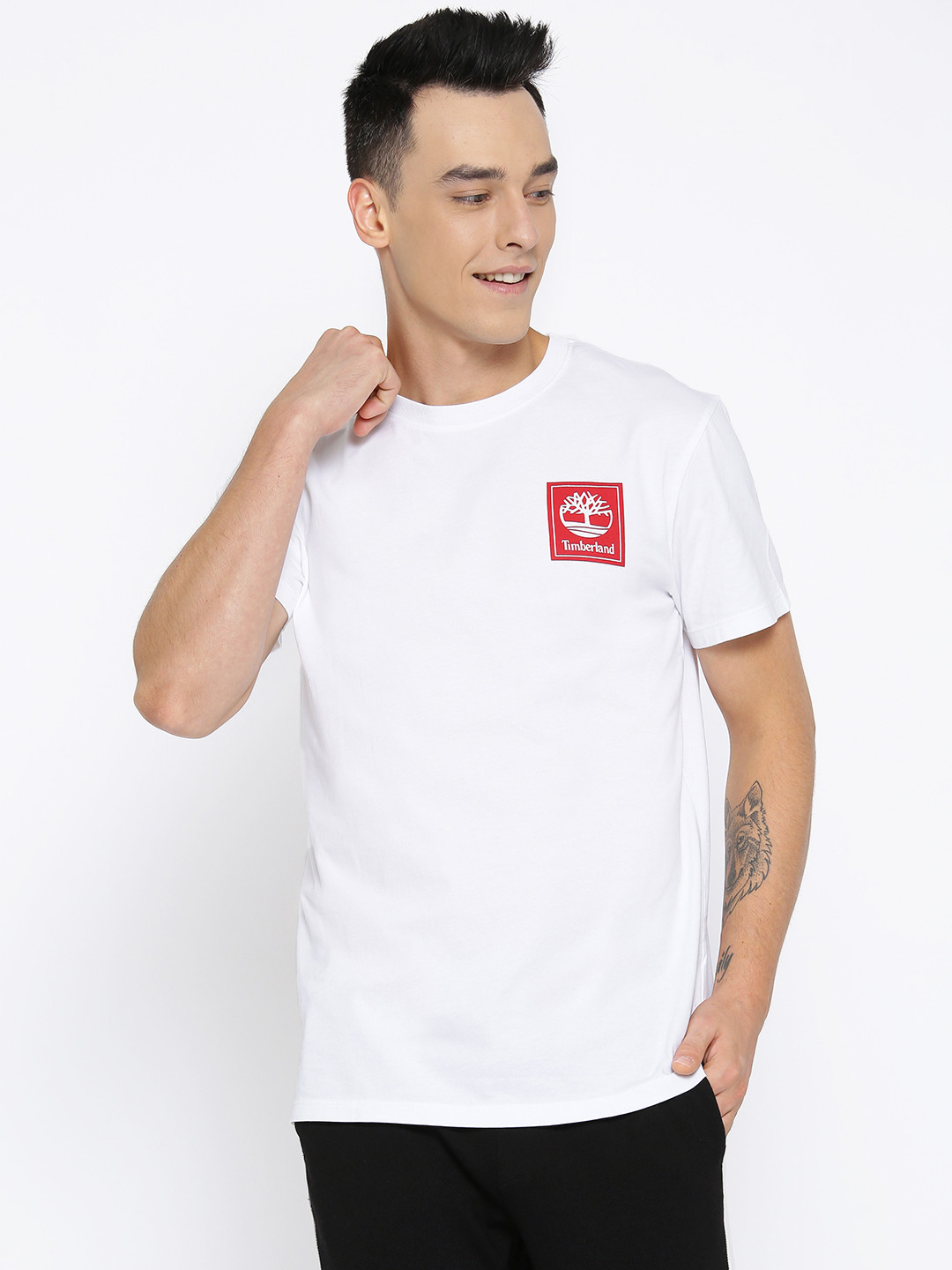 Buy Timberland Men White Red SLS Back Graphic Print Round Neck Organic ...
