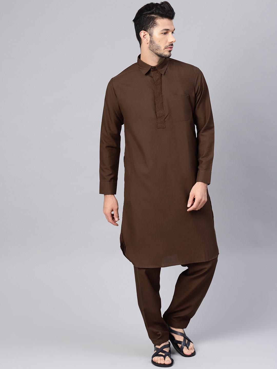 Buy SOJANYA Men Coffee Brown Solid Pathani Kurta With Salwar - Kurta ...