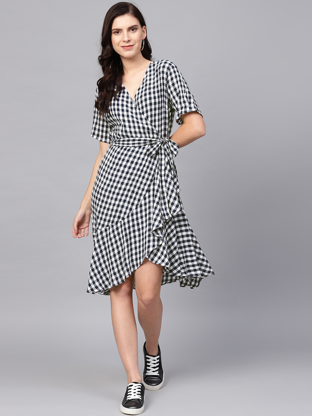 Buy FEMMELLA Women Navy Blue & White Checked Wrap Dress - Dresses for ...