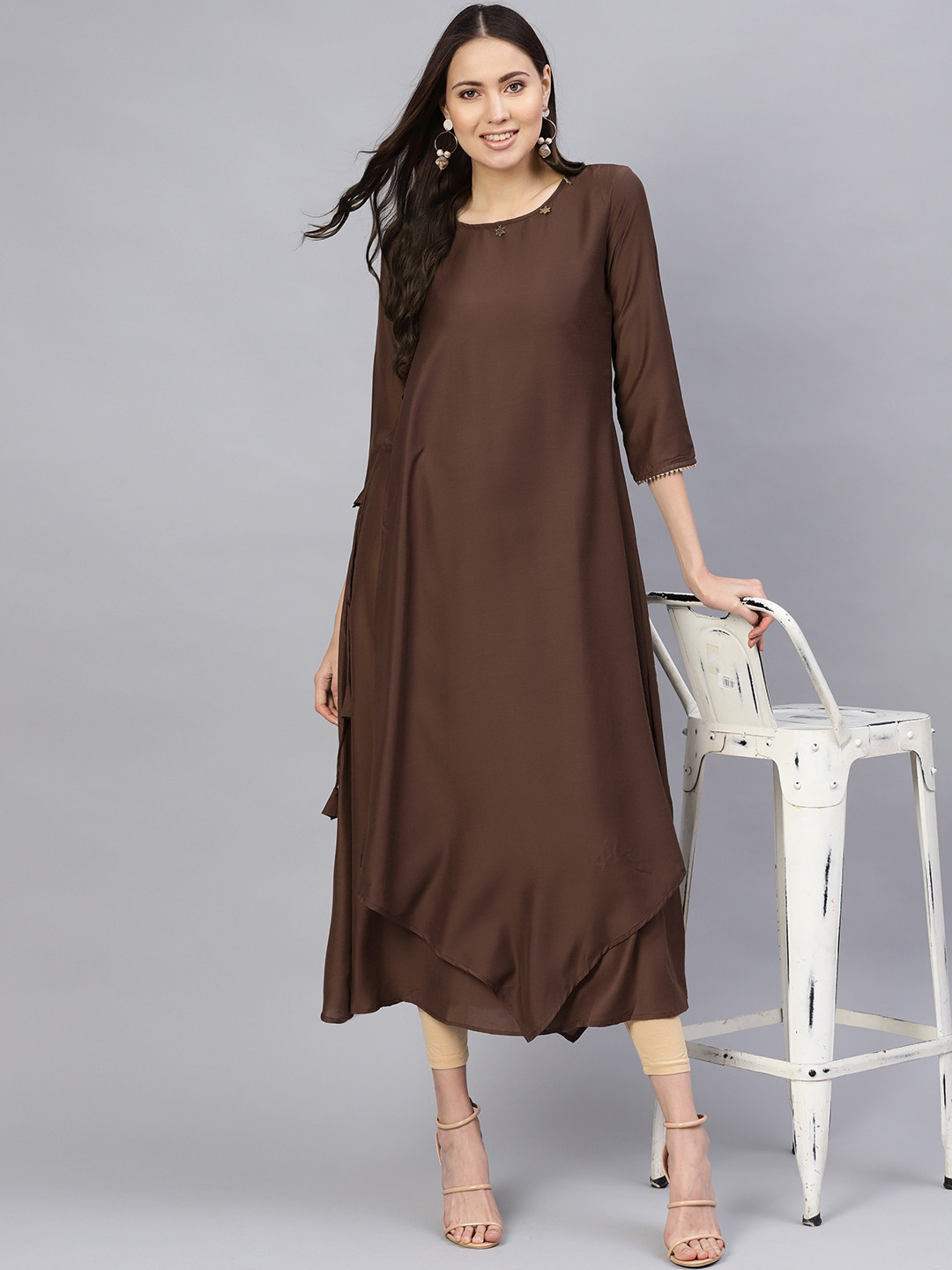 Buy Desi Rang Women Coffee Brown Solid Layered A Line Kurta - Kurtas ...