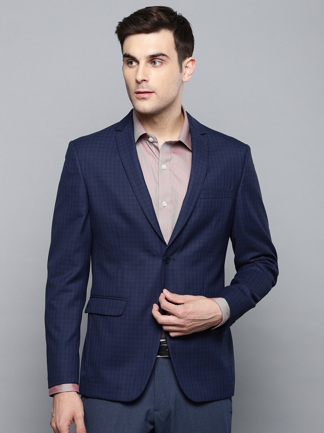 Buy Louis Philippe Men Blue And Black Checked Slim Fit Single Breasted