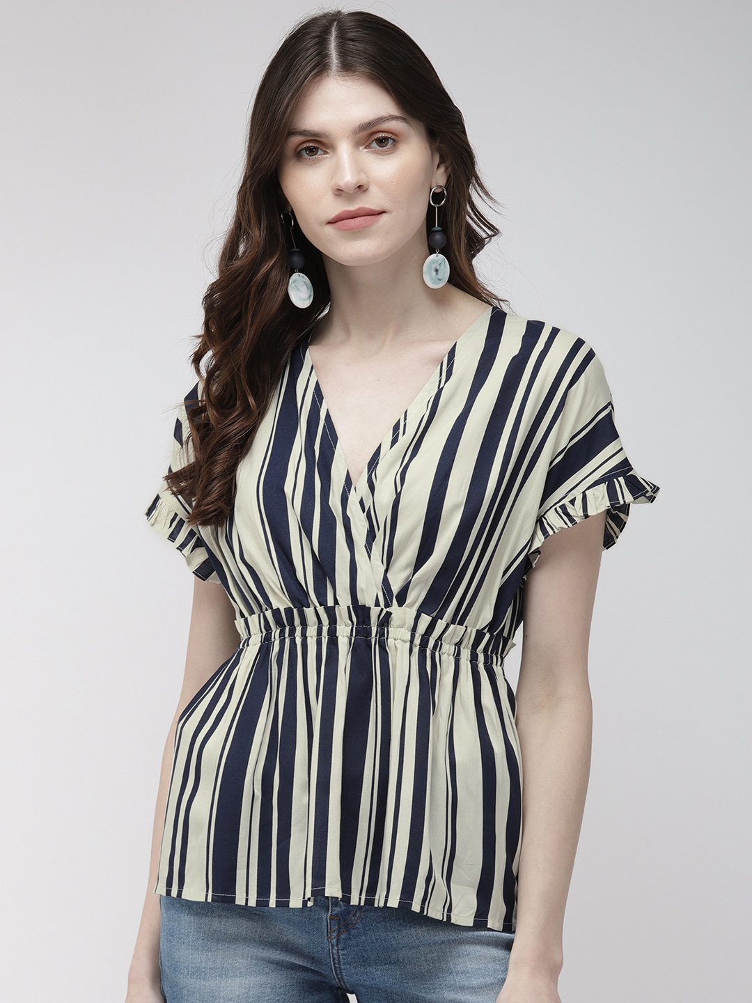 Buy 20Dresses Women Off White & Navy Blue Striped Cinched Waist Top ... Buy 20Dresses Women Off White & Navy Blue Striped Cinched Waist Top ...