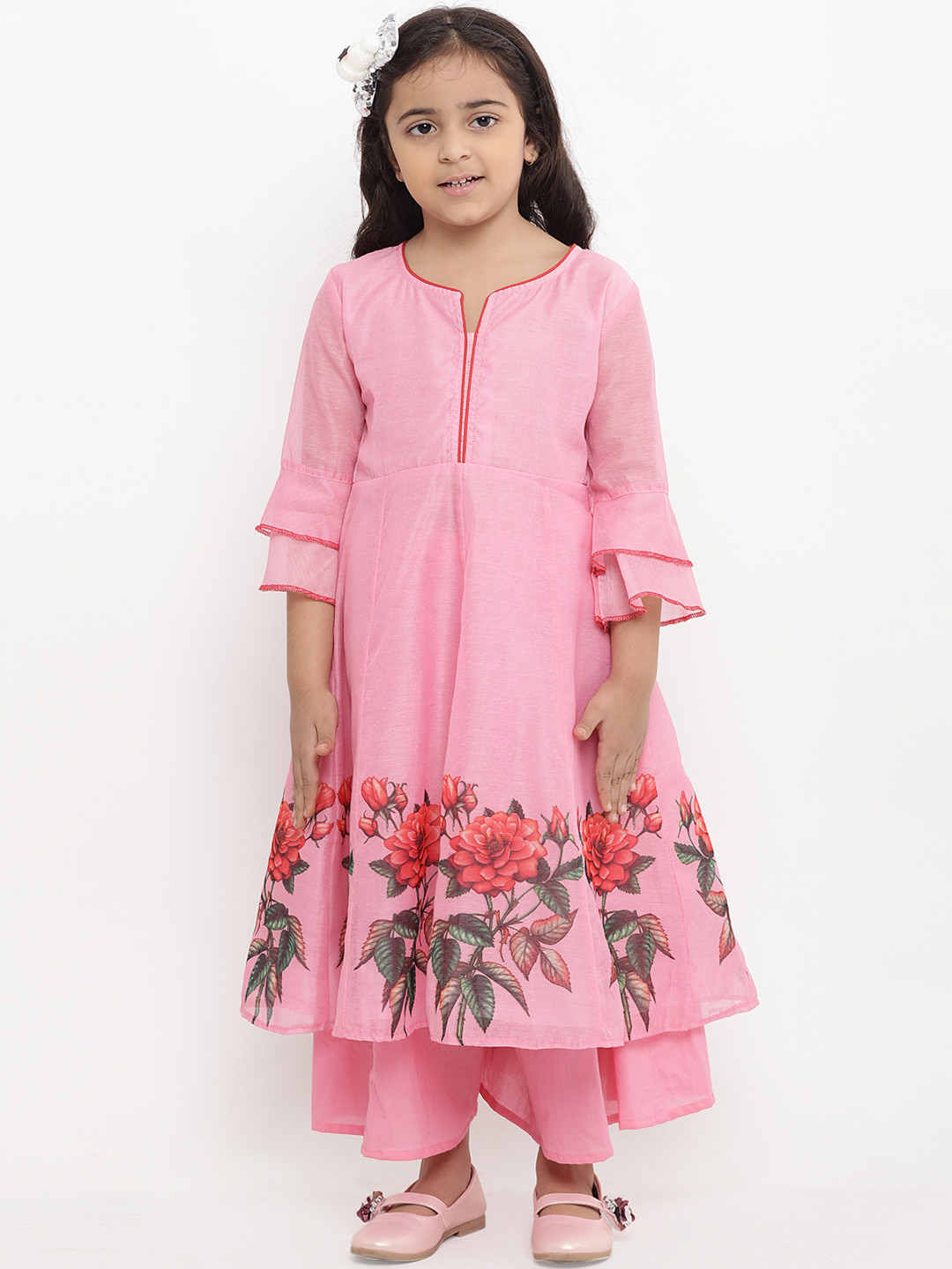 Buy Bitiya By Bhama Girls Pink Floral Printed Kurta With Palazzos ...
