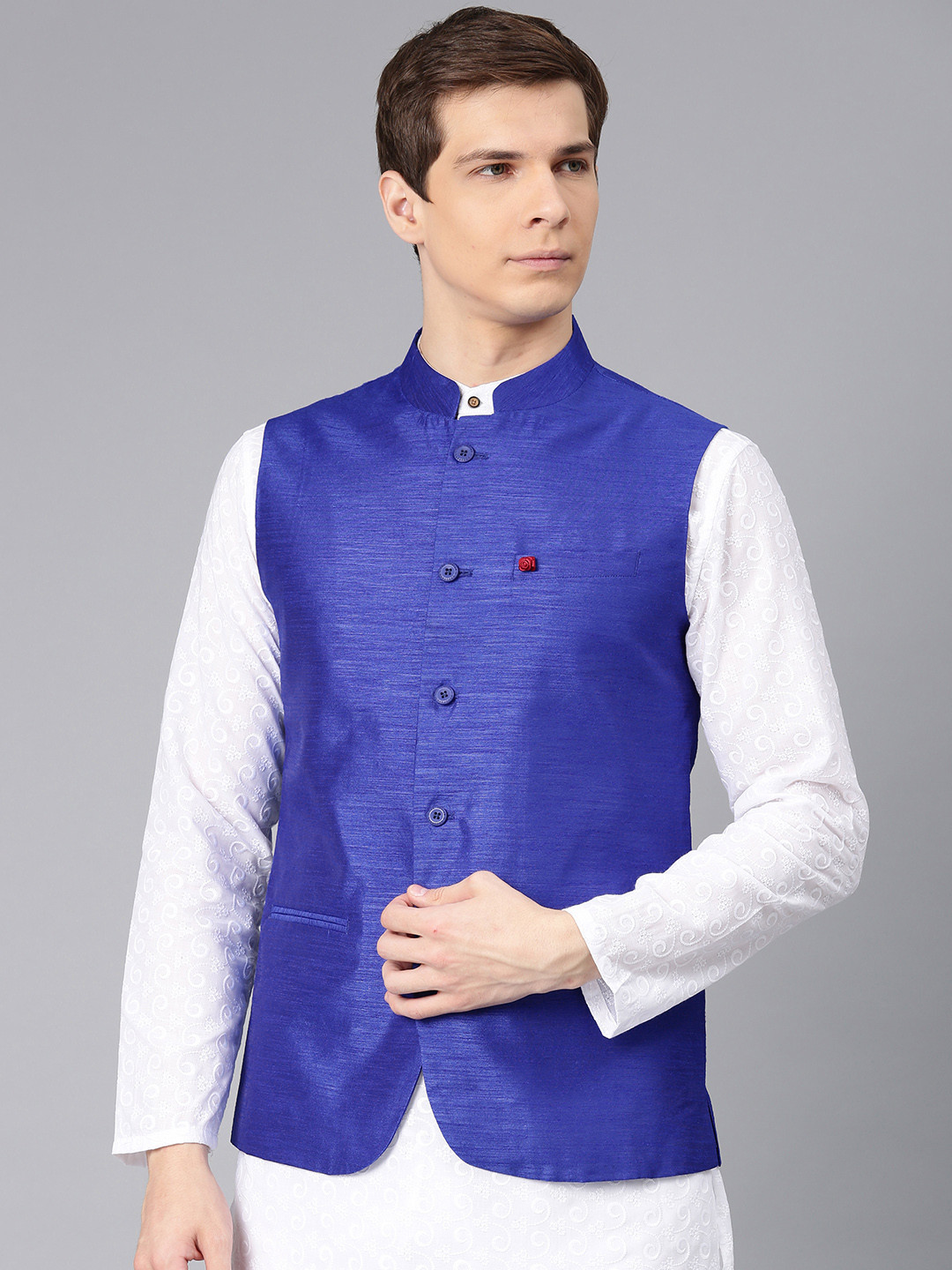 Buy Freehand By The Indian Garage Co Men Blue Solid Nehru Jacket ...
