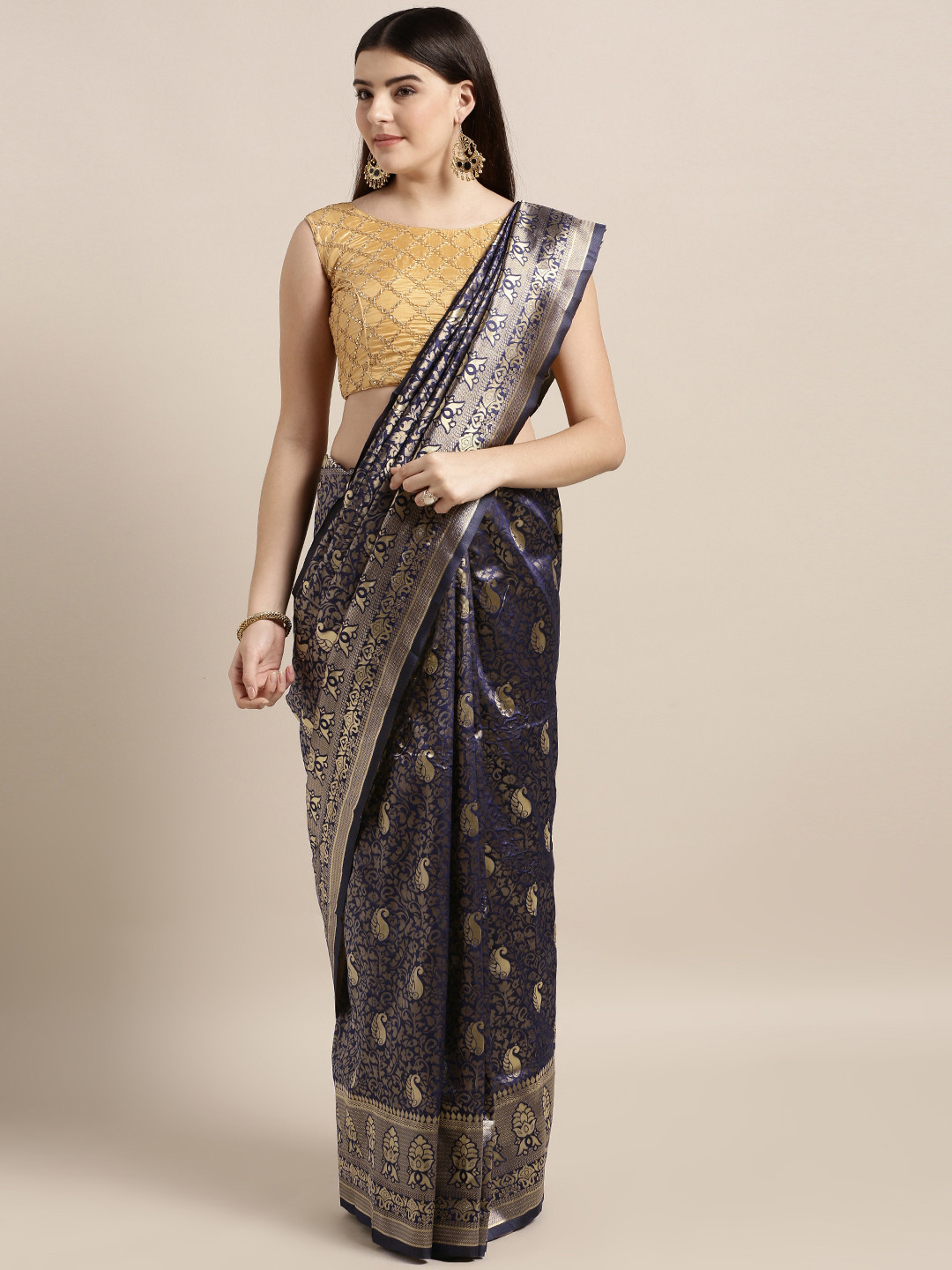 Buy MOKSHA DESIGNS Navy Blue & Gold Toned Pure Silk Woven Design ...