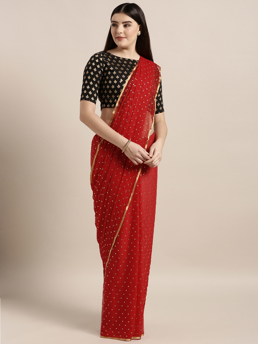 Buy MOKSHA DESIGNS Red & Golden Pure Chiffon Embellished Saree - Sarees ...