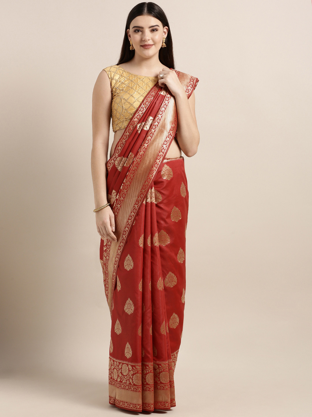 Buy MOKSHA DESIGNS Red & Golden Pure Silk Woven Design Banarasi Saree ...