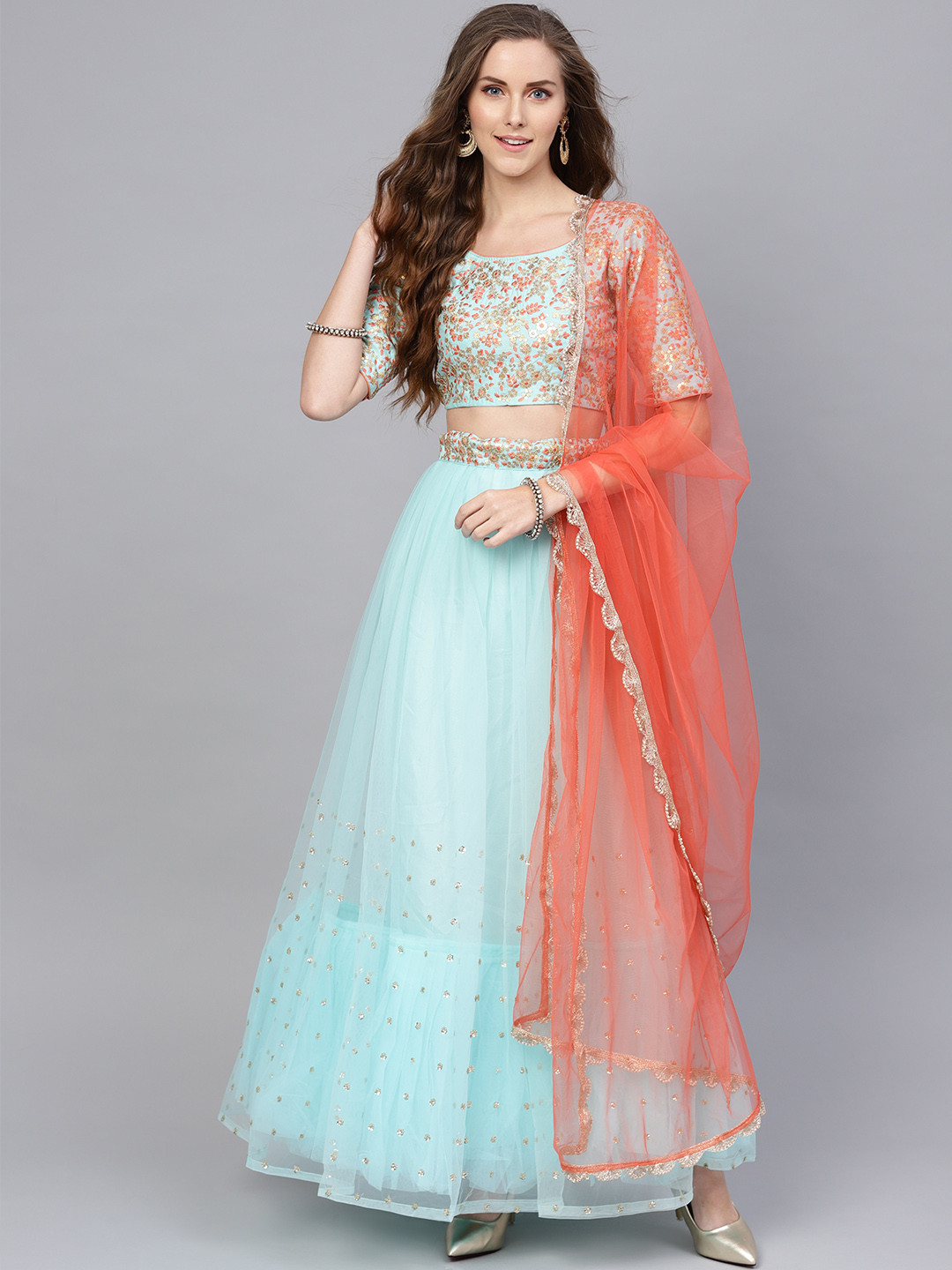 Buy Inddus Blue & Peach Coloured Embroidered Semi Stitched Lehenga ...