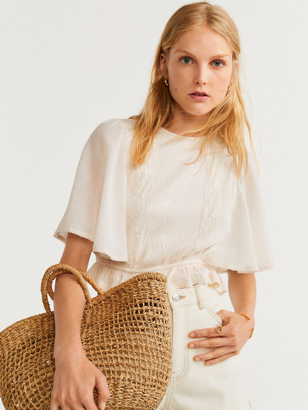 Buy MANGO Women Cream Coloured Solid Blouson Top - Tops for Women ...