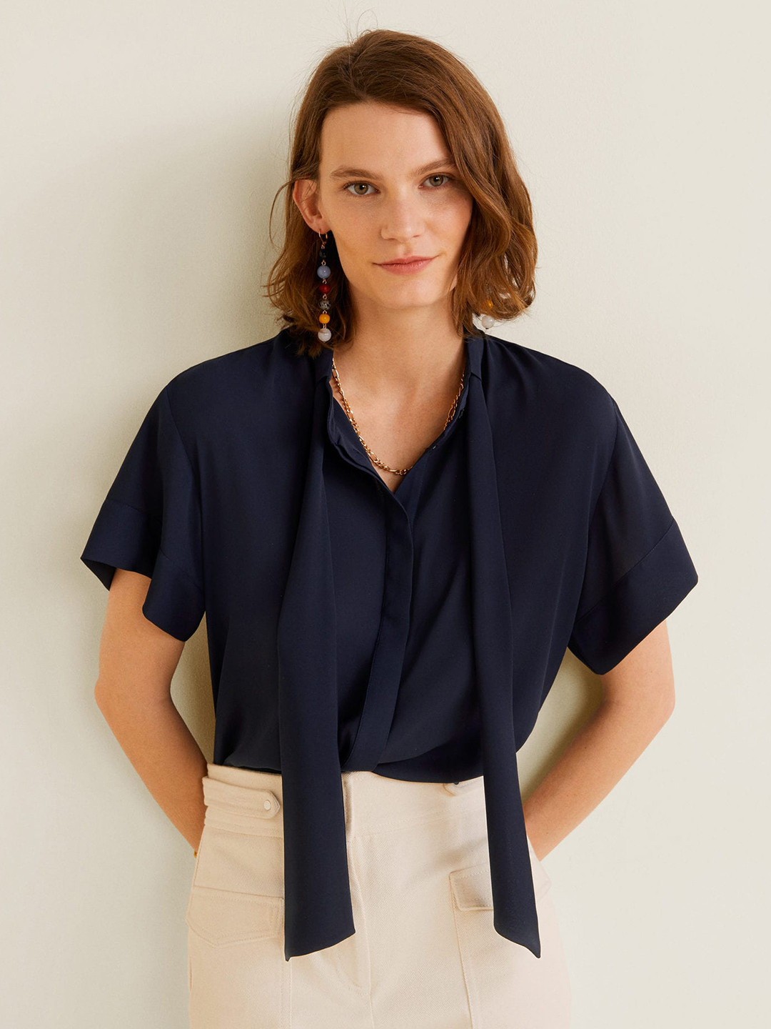 Buy MANGO Women Navy Blue Solid Shirt Style Top - Tops for Women ...