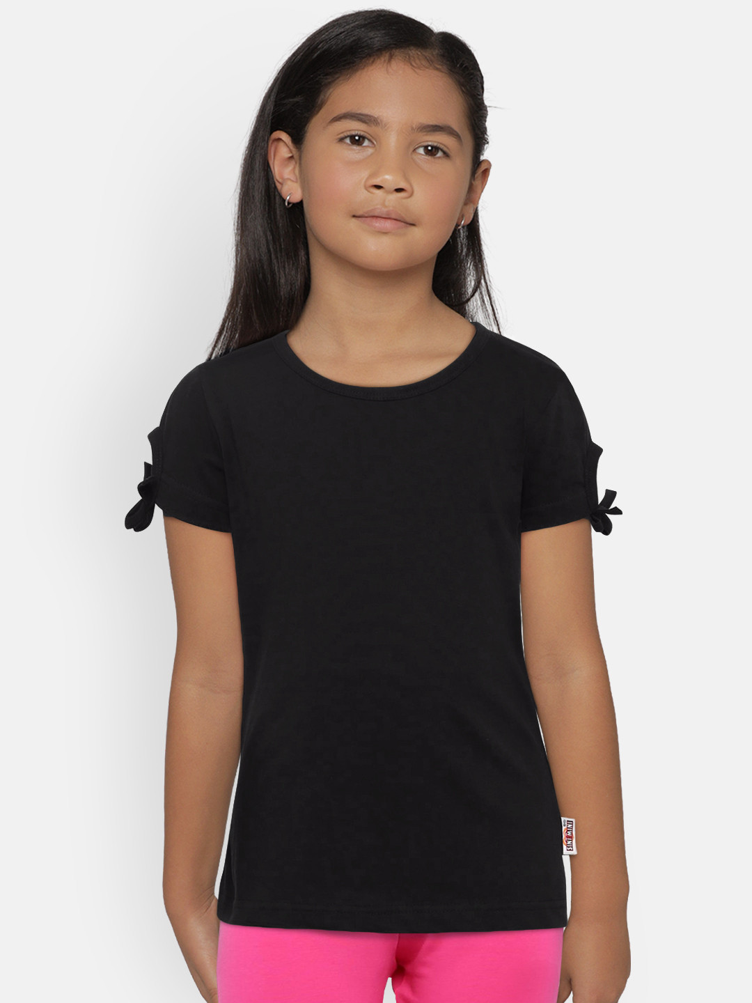Buy SINI MINI Girls Black Solid Round Neck Pure Cotton T Shirt ...