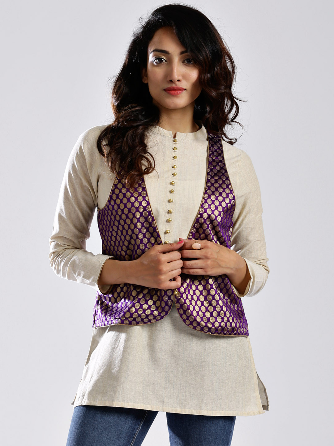 Buy Anouk Shahi Pitara Beige & Purple Linen Kurti With Brocade Jacket ...