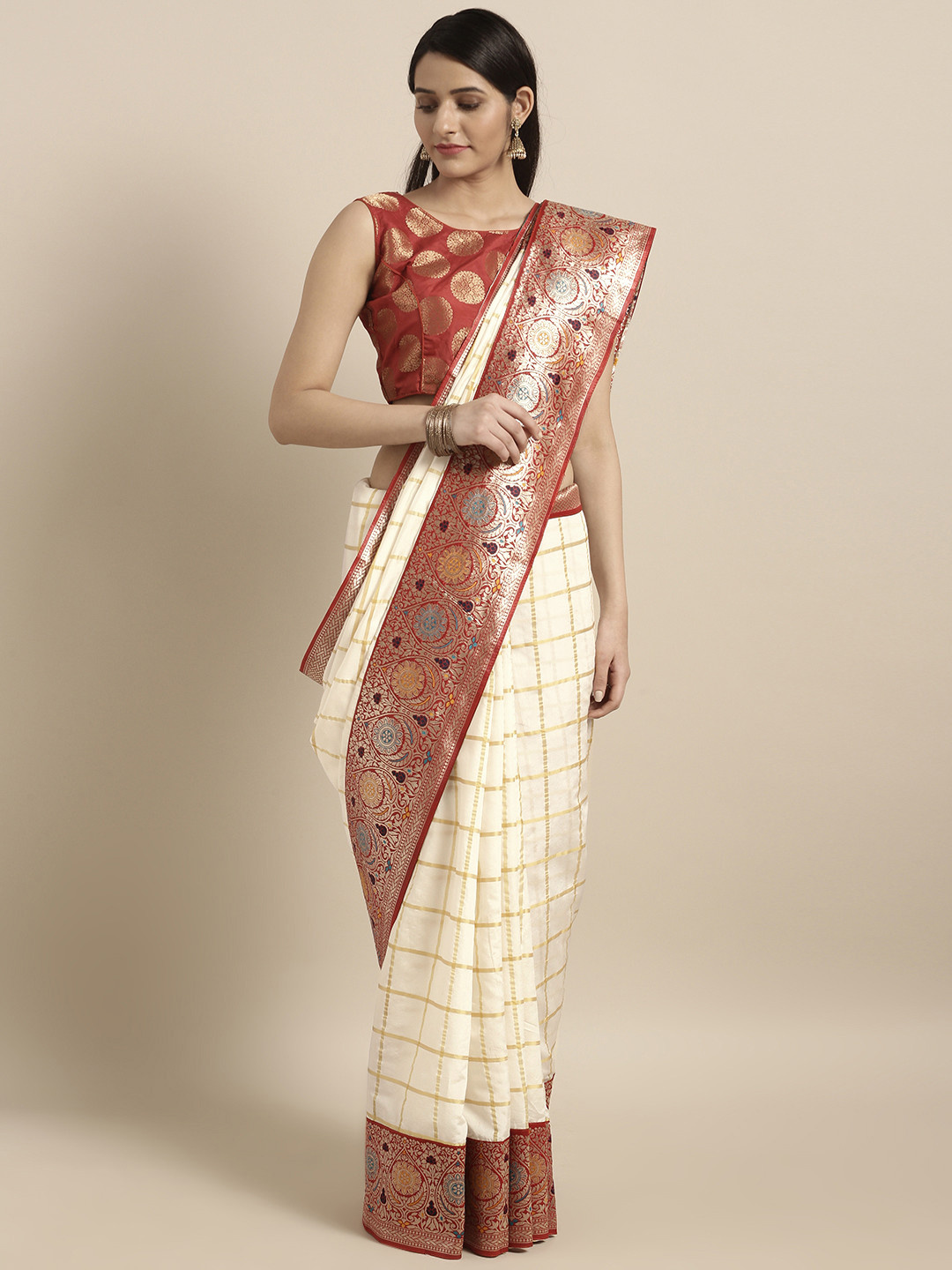 Buy Varkala Silk Sarees Cream Coloured & Red Silk Blend Checked ...
