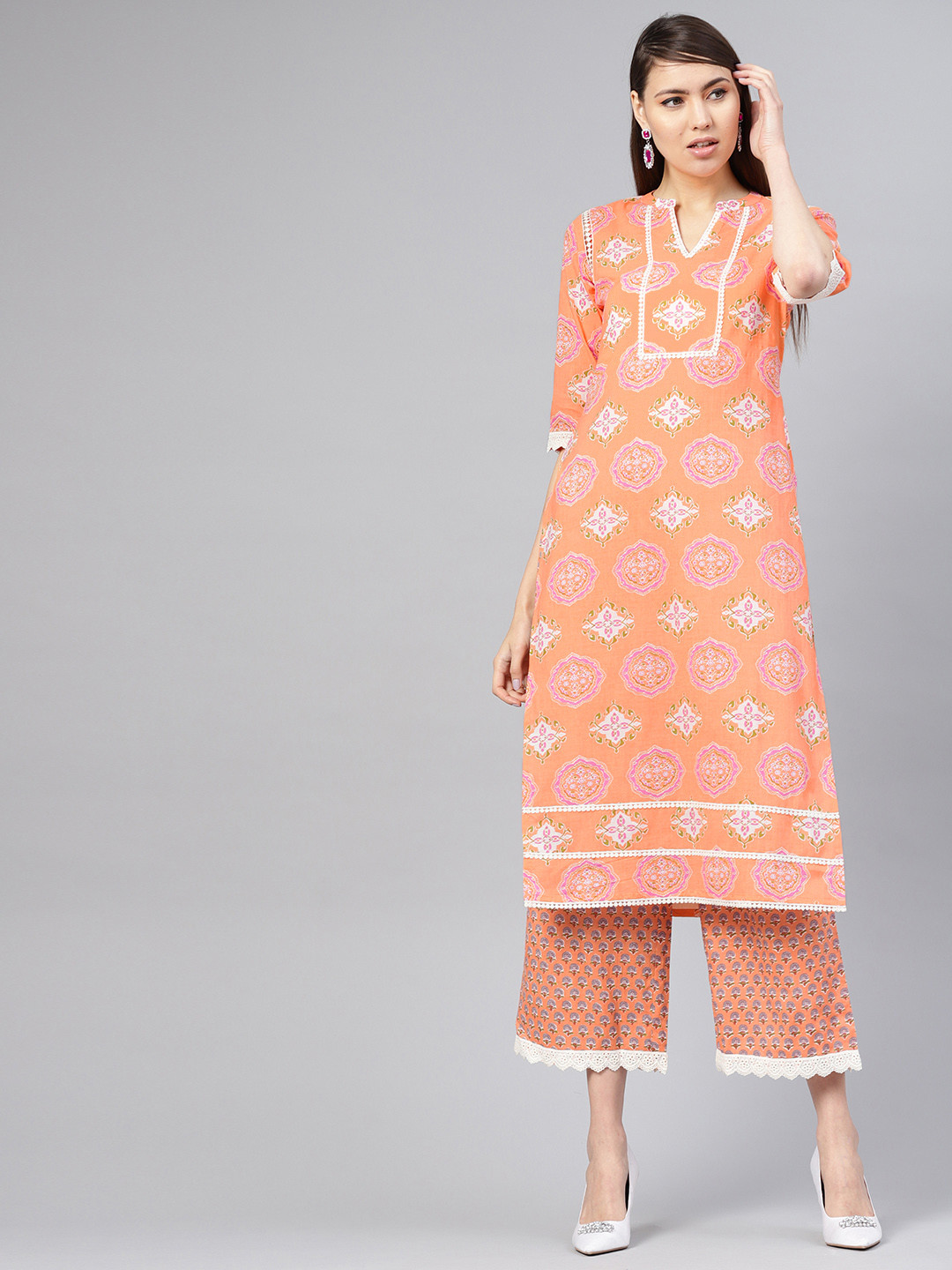 Buy Libas Women Peach Coloured & White Printed Kurta With Palazzos ...