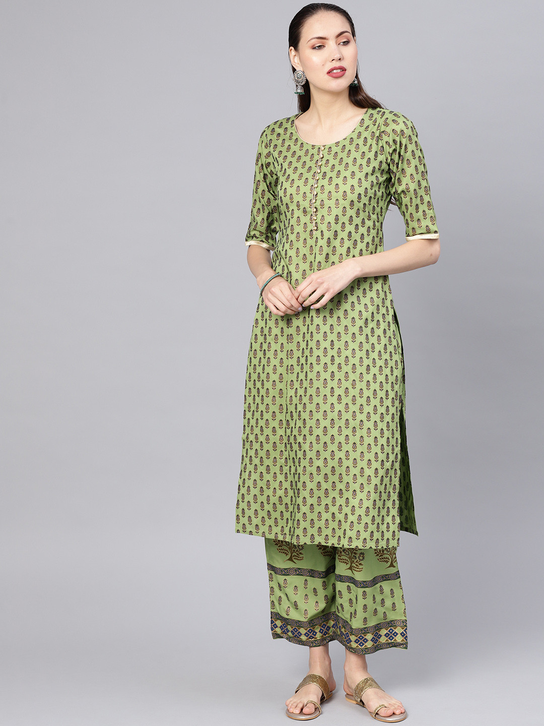 Buy Libas Women Green & Navy Block Print Kurta With Palazzos - Kurta ...