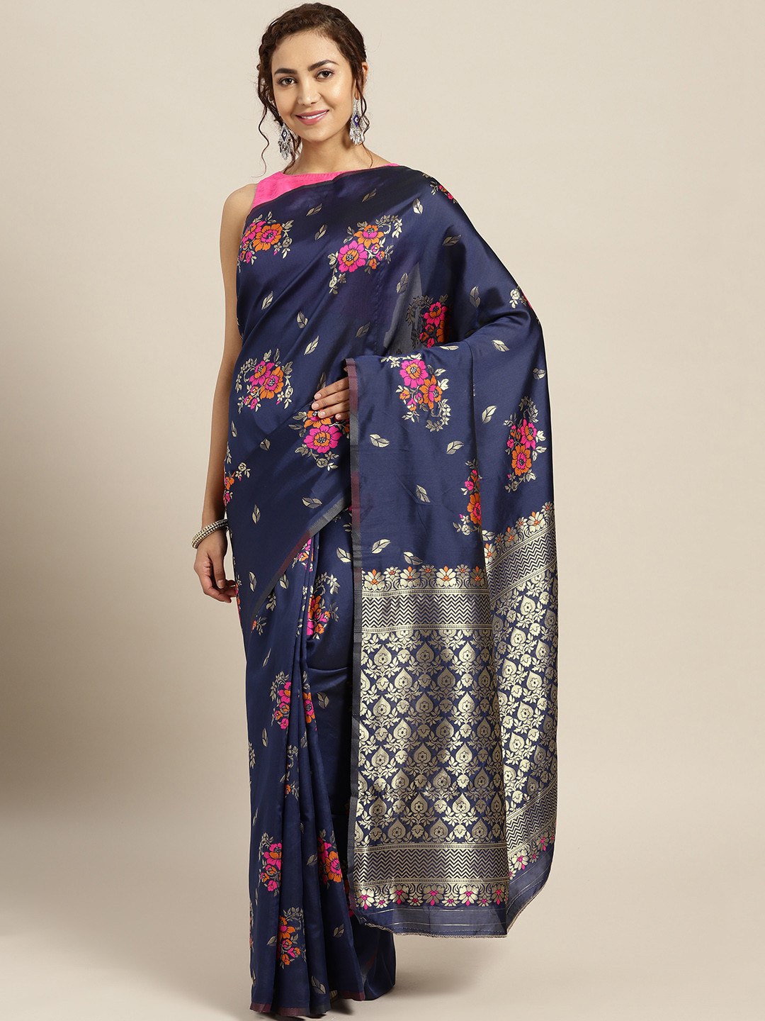 Buy Aashvi Creation Navy Blue & Golden Woven Design Banarasi Saree ...