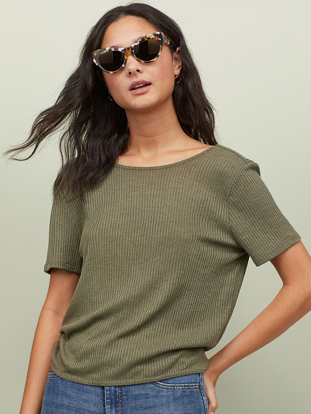 Buy H&M Women Green Solid Top With A Low Cut Back - Tops for Women ...
