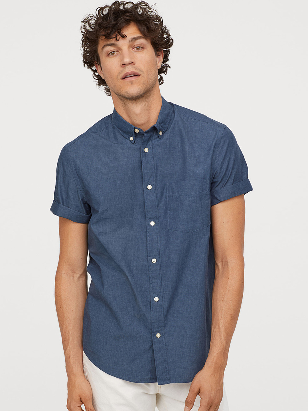 Buy H&M Men Blue Solid Cotton Shirt Regular Fit - Shirts for Men ...