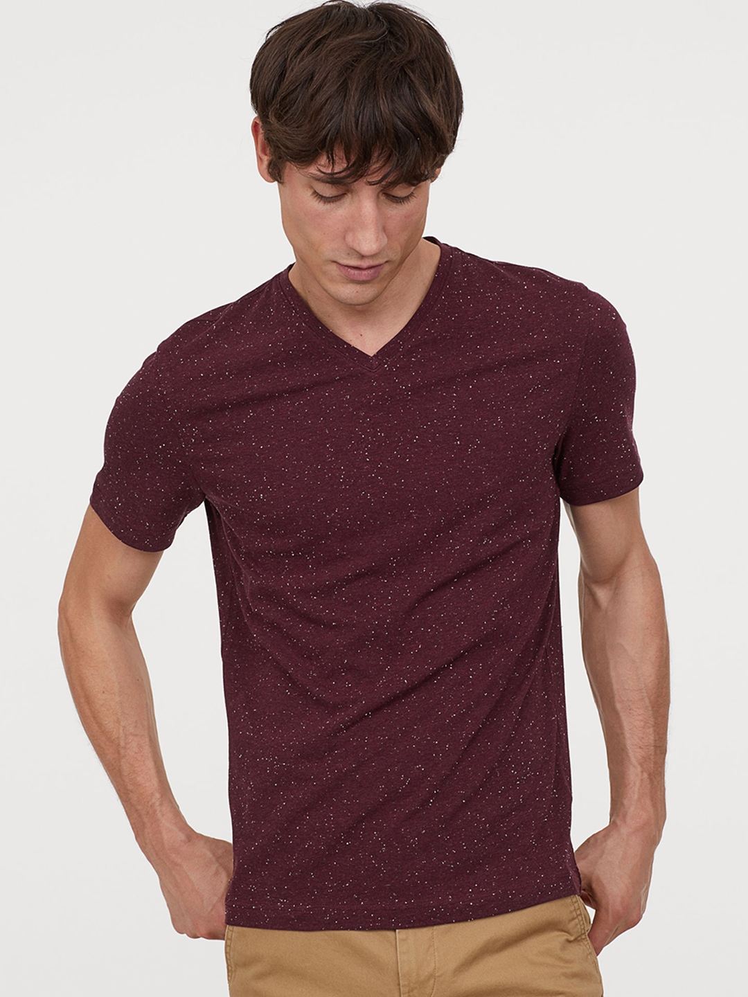 Buy H&M Men Red Self Design V Neck T Shirt Slim Fit - Tshirts for Men ...
