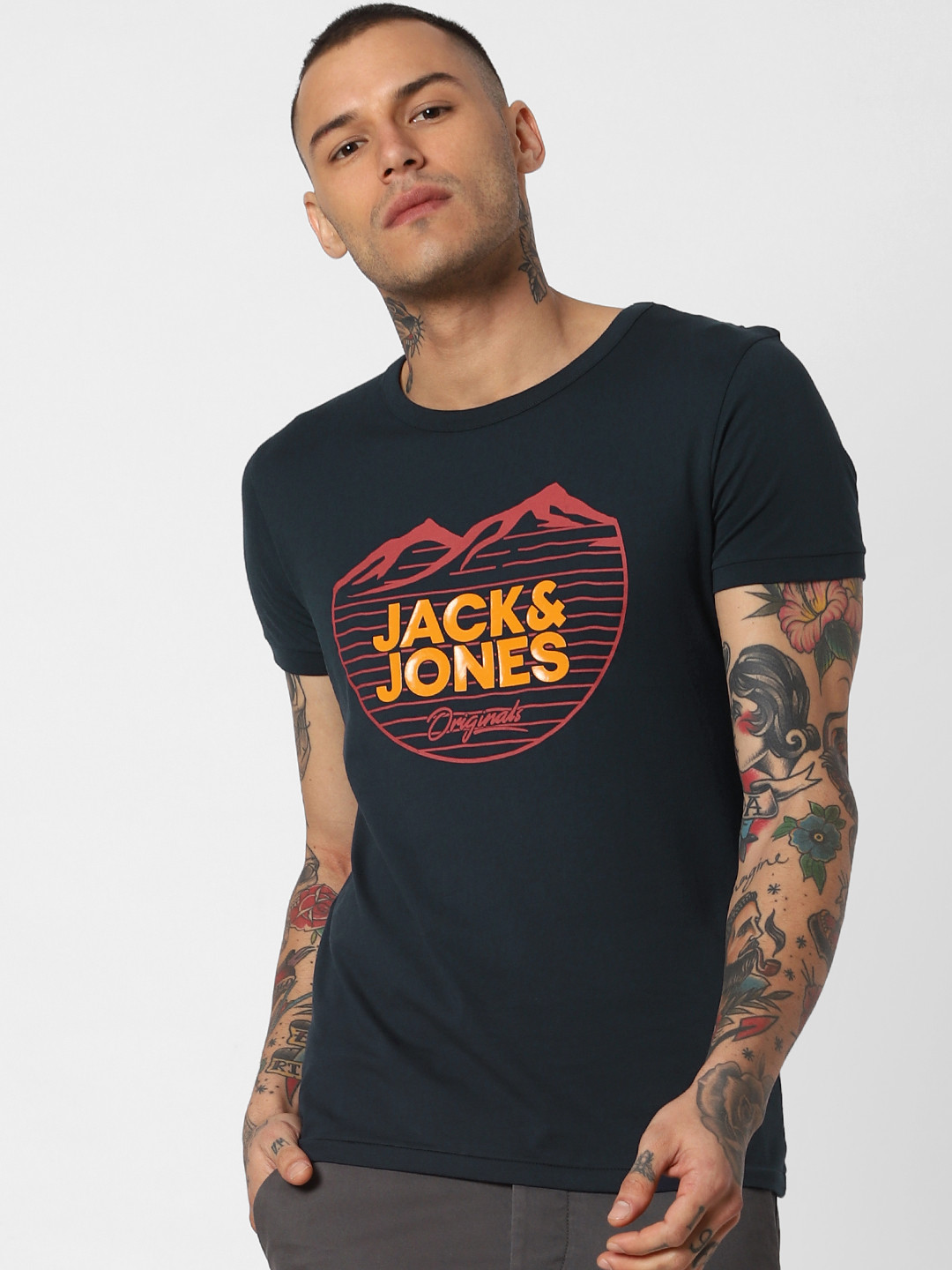 Buy Jack & Jones Men Navy Blue & Mustard Yellow Slim Fit Printed Round ...