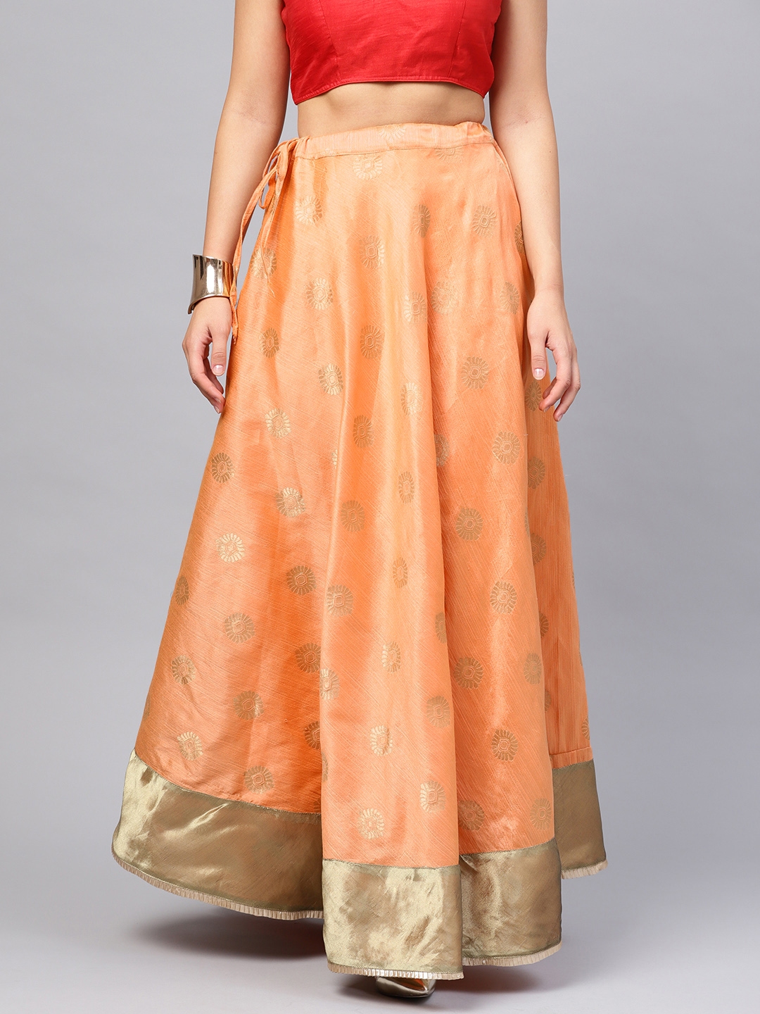 Buy Inddus Women Peach Coloured & Golden Self Design Maxi Flared Skirt ... Buy Inddus Women Peach Coloured & Golden Self Design Maxi Flared Skirt ...