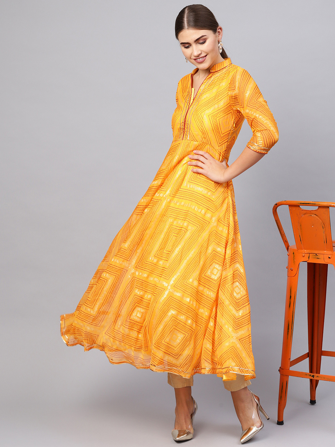 Buy Inddus Women Mustard Yellow & Rust Red Bandhani Printed Chiffon A ...