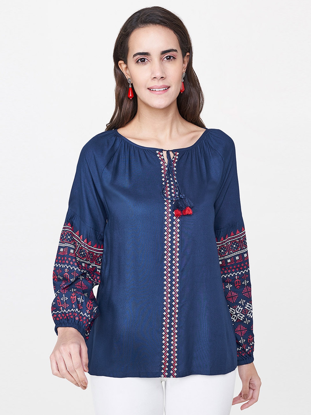 Buy Global Desi Women Blue Solid Embroidered Top Tops For Women