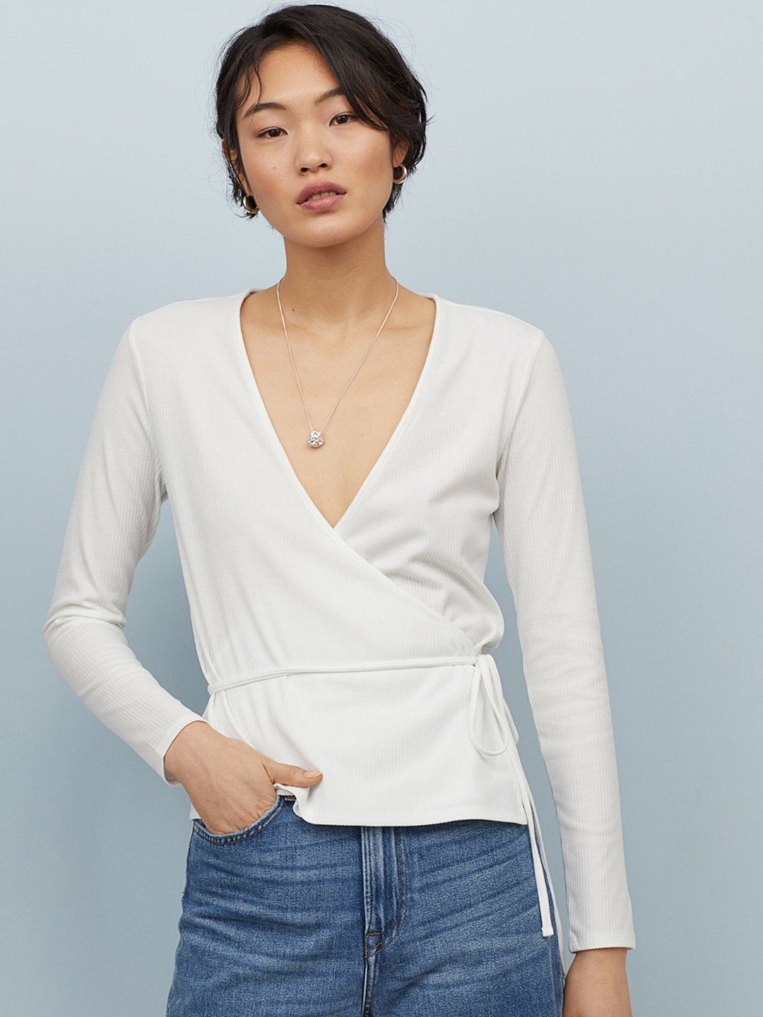 Buy H&M Women White Solid V Neck Wrapover Top - Tops for Women 10378541 ...