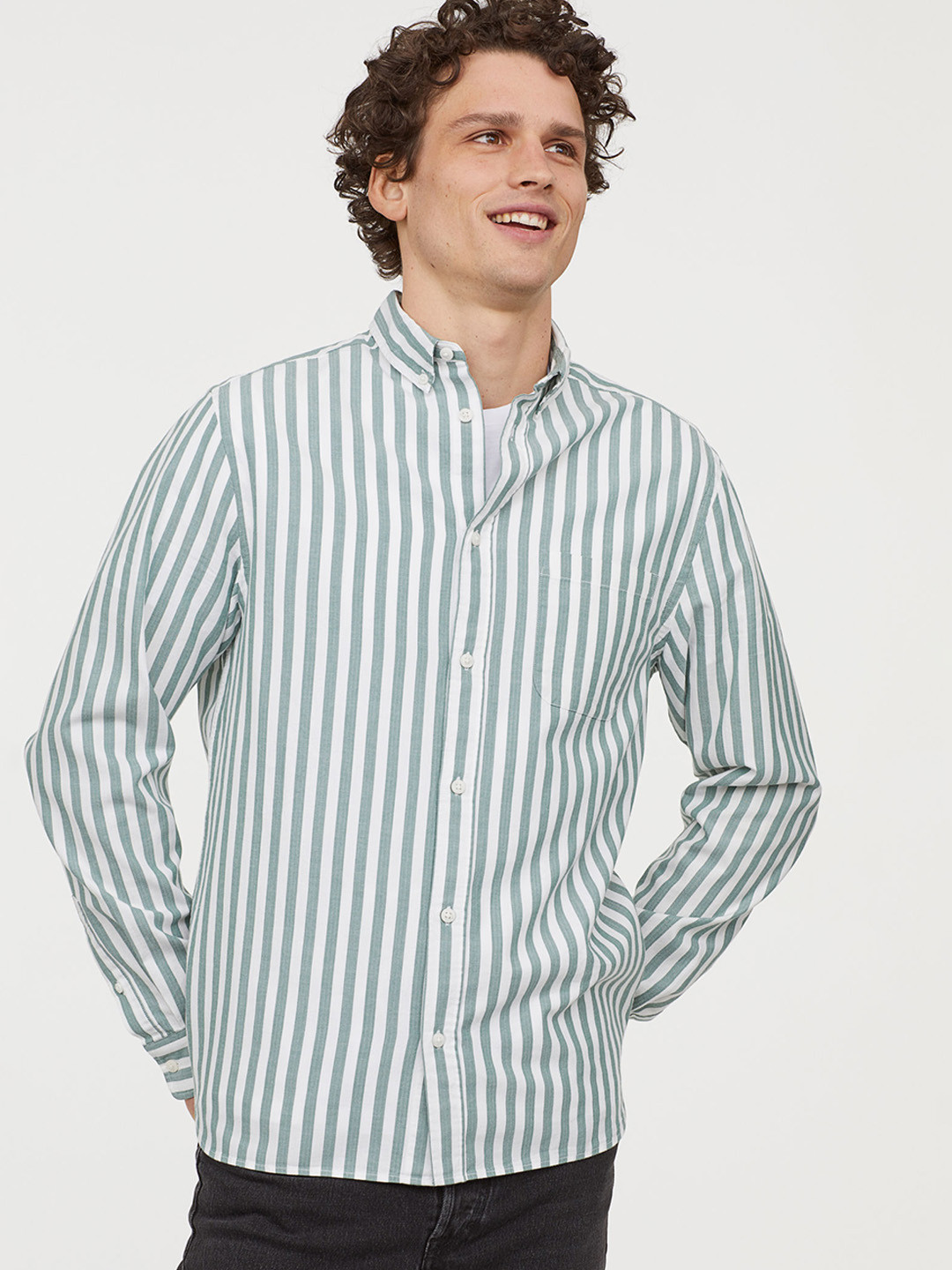 Buy H&M Men Green & White Striped Cotton Shirt Regular Fit - Shirts for ...