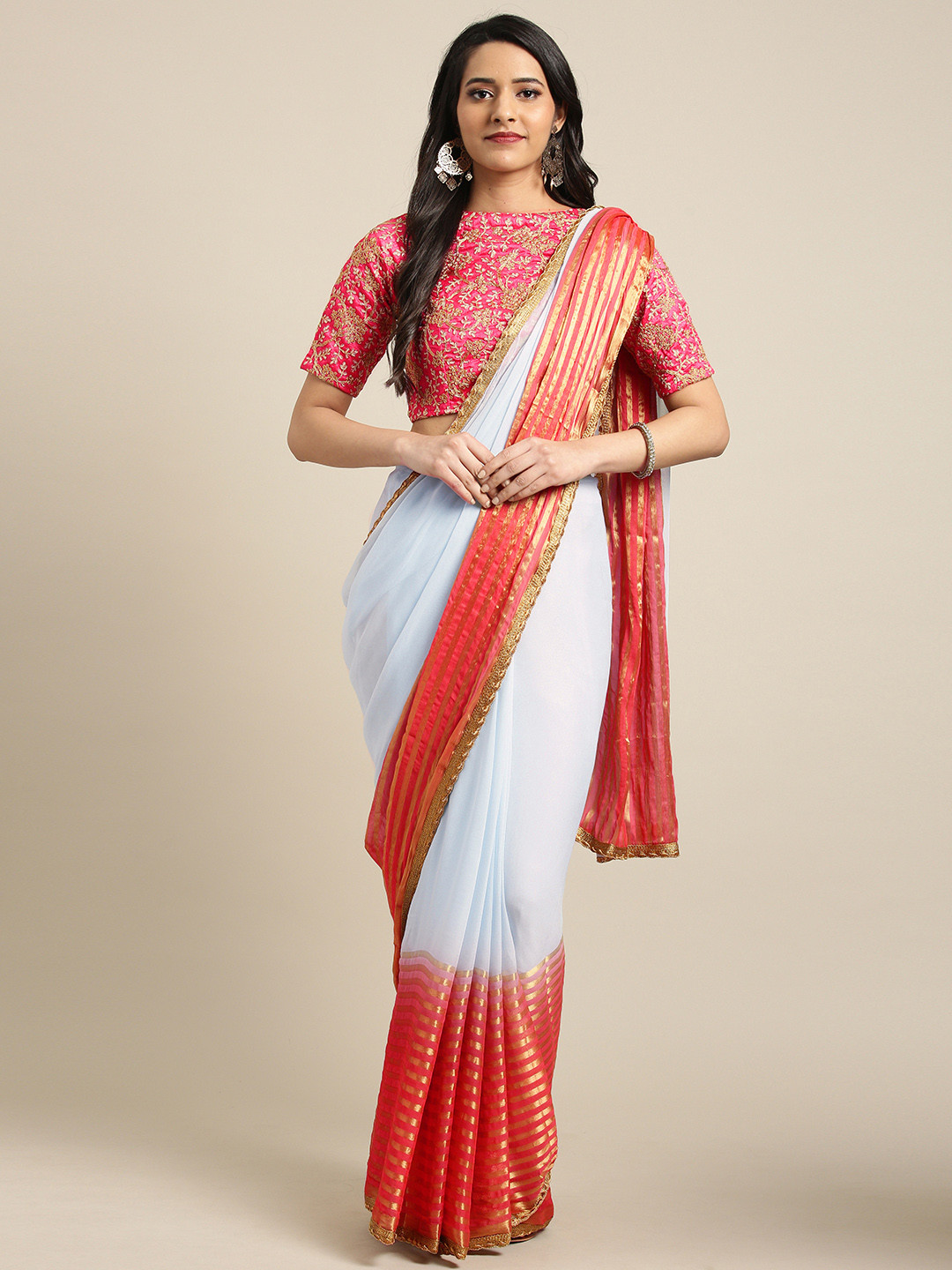 Buy Inddus Red & Blue Pure Georgette Striped Saree - Sarees for Women ...