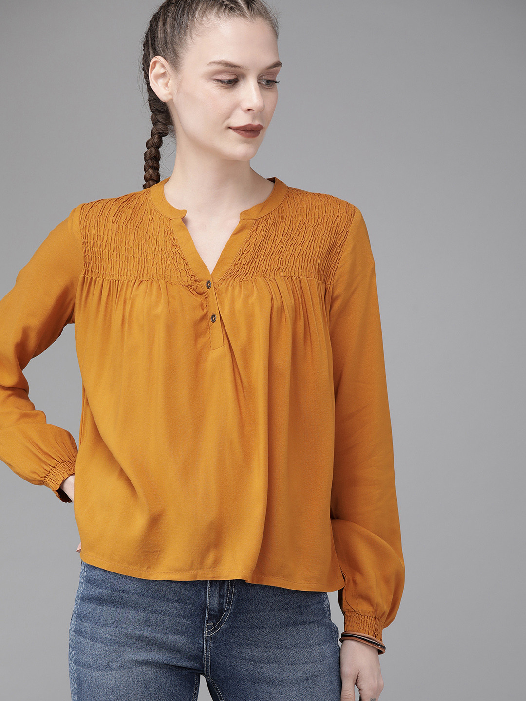 Buy The Roadster Lifestyle Co Women Mustard Yellow Solid Top - Tops for ...