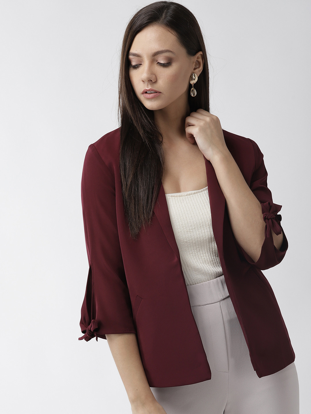 Buy Madame Women Burgundy Solid Front Open Blazer - Blazers for Women ...