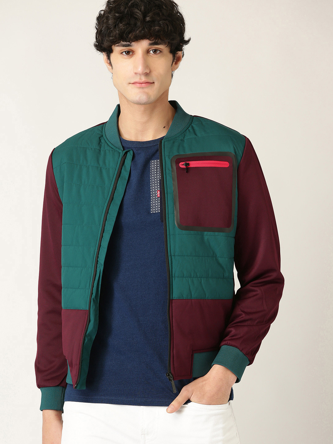 Buy United Colors Of Benetton Men Green & Maroon Colourblocked Bomber ...