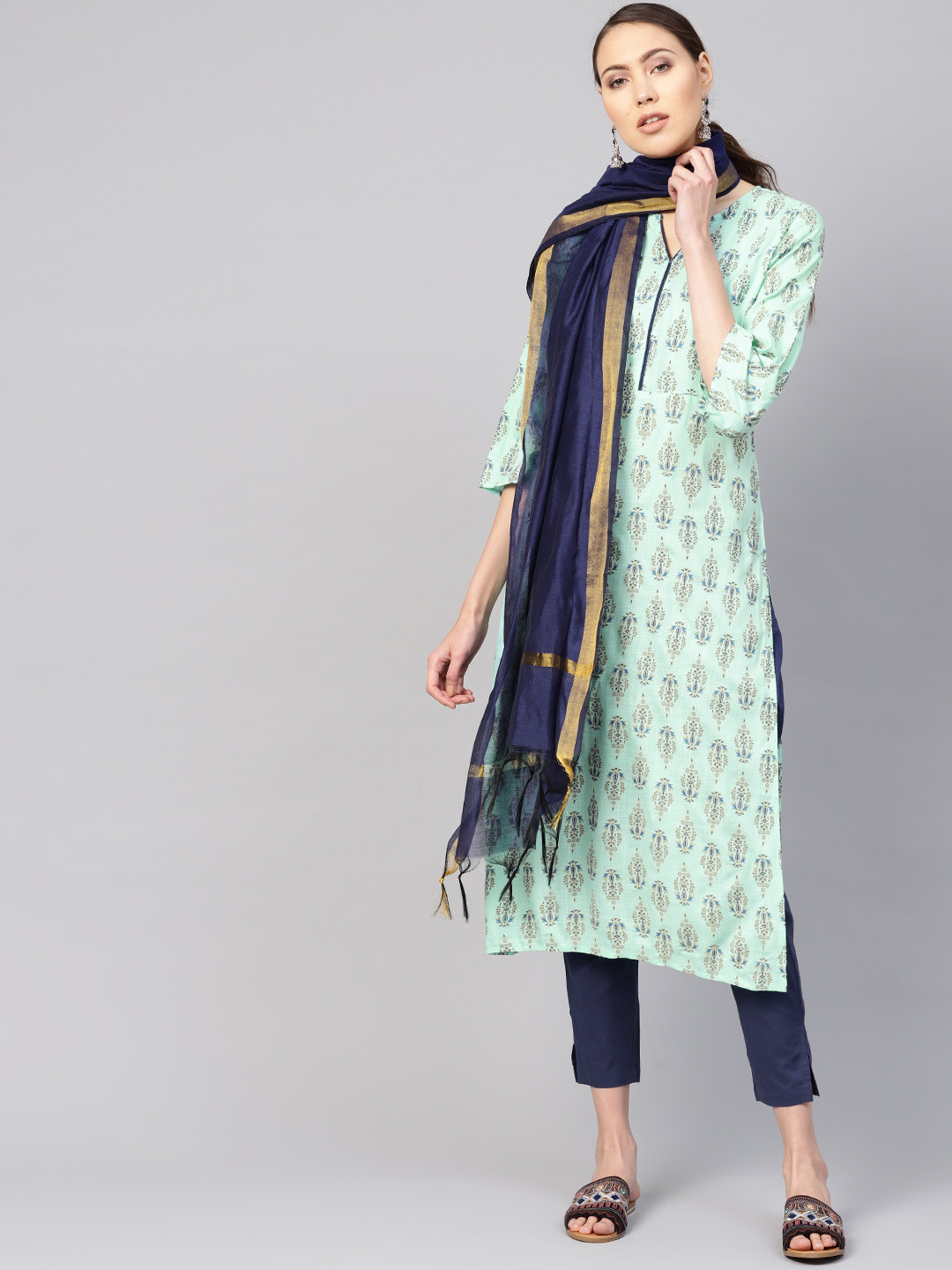 Buy Nayo Women Sea Green & Navy Blue Printed Kurta With Trousers ...