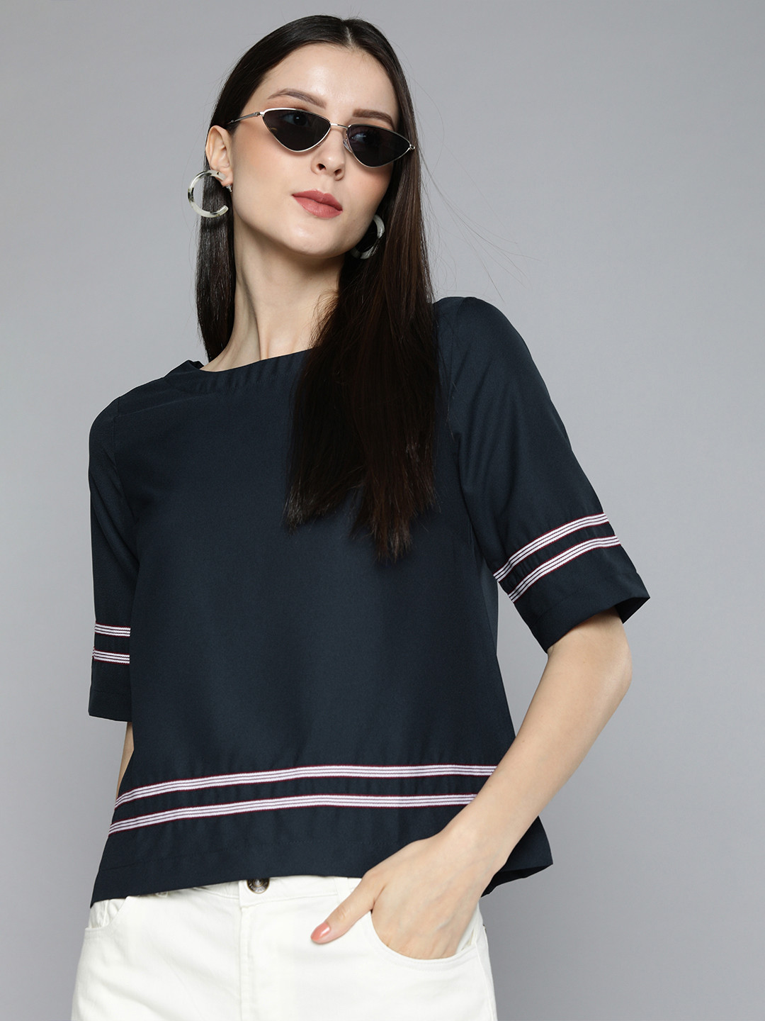 Buy Harvard Navy Blue Horizontal Placement Stripes Round Neck A Line ...