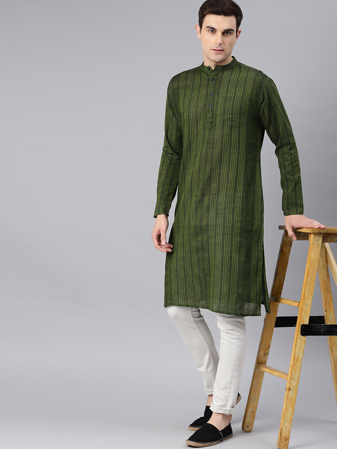 Buy Svanik Men Green & Black Self Striped Straight Kurta - Kurtas for ...