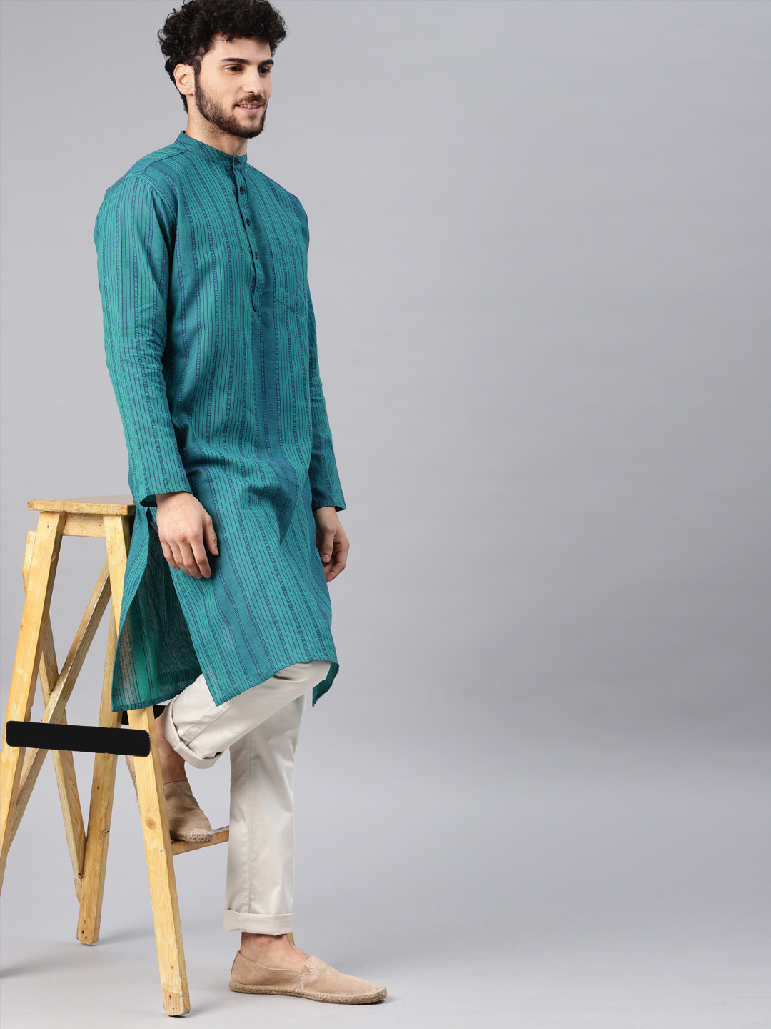 Buy Svanik Men Turquoise Blue & Navy Blue Striped Straight Kurta ...