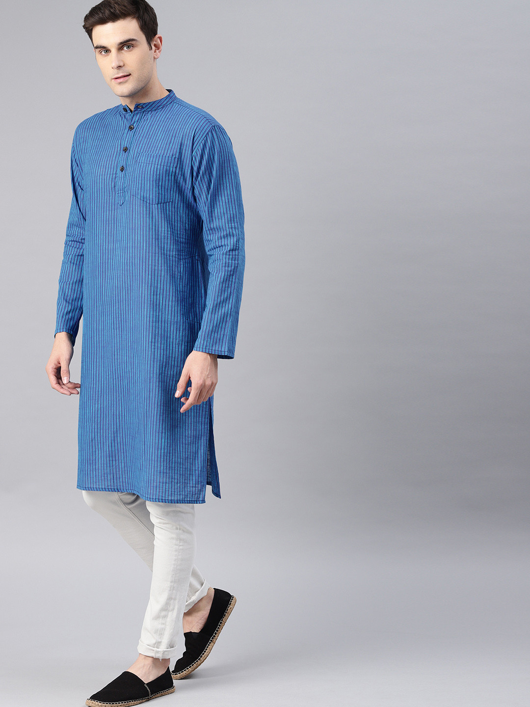 Buy Svanik Men Blue & Purple Striped Straight Kurta - Kurtas for Men ...