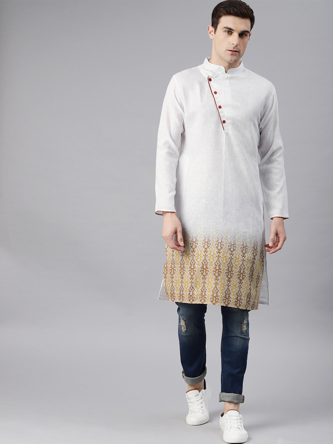 Buy Svanik Men White & Brown Printed Straight Kurta - Kurtas for Men ...