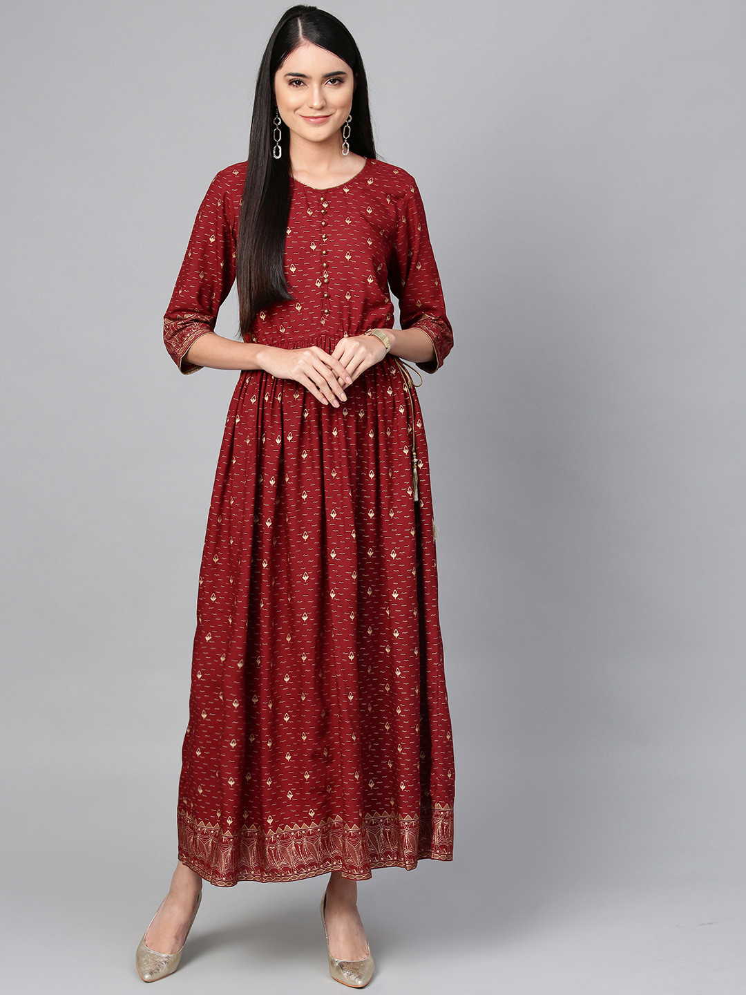 Buy Shree Women Maroon & Golden Printed Maxi Dress - Dresses for Women ...