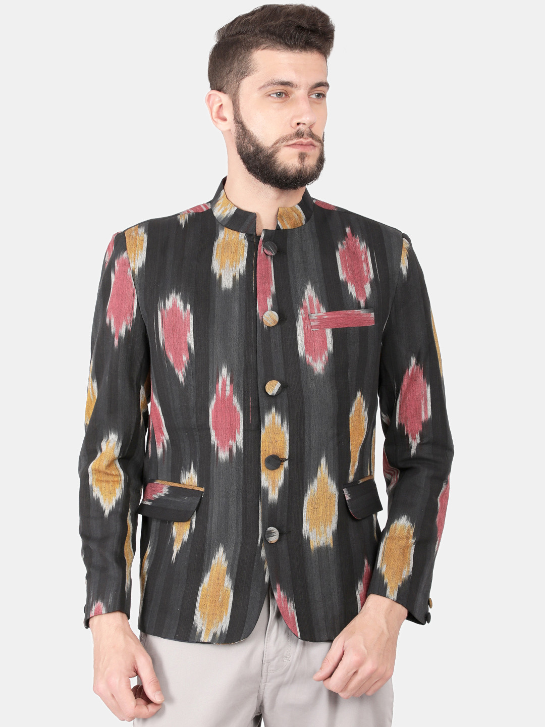 Buy Svanik Men Black & Red Ikat Printed Slim Fit Pure Cotton Bandhgala ...