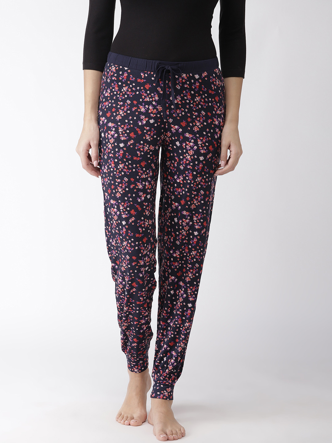 Buy Marks & Spencer Women Navy Blue & Pink Floral Print Lounge Pants ...
