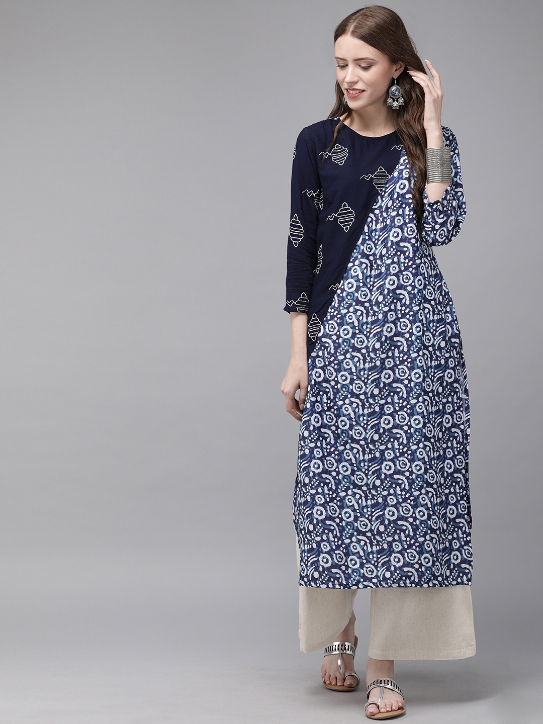 Buy Anouk Women Navy Blue And White Printed Straight Kurta Kurtas For
