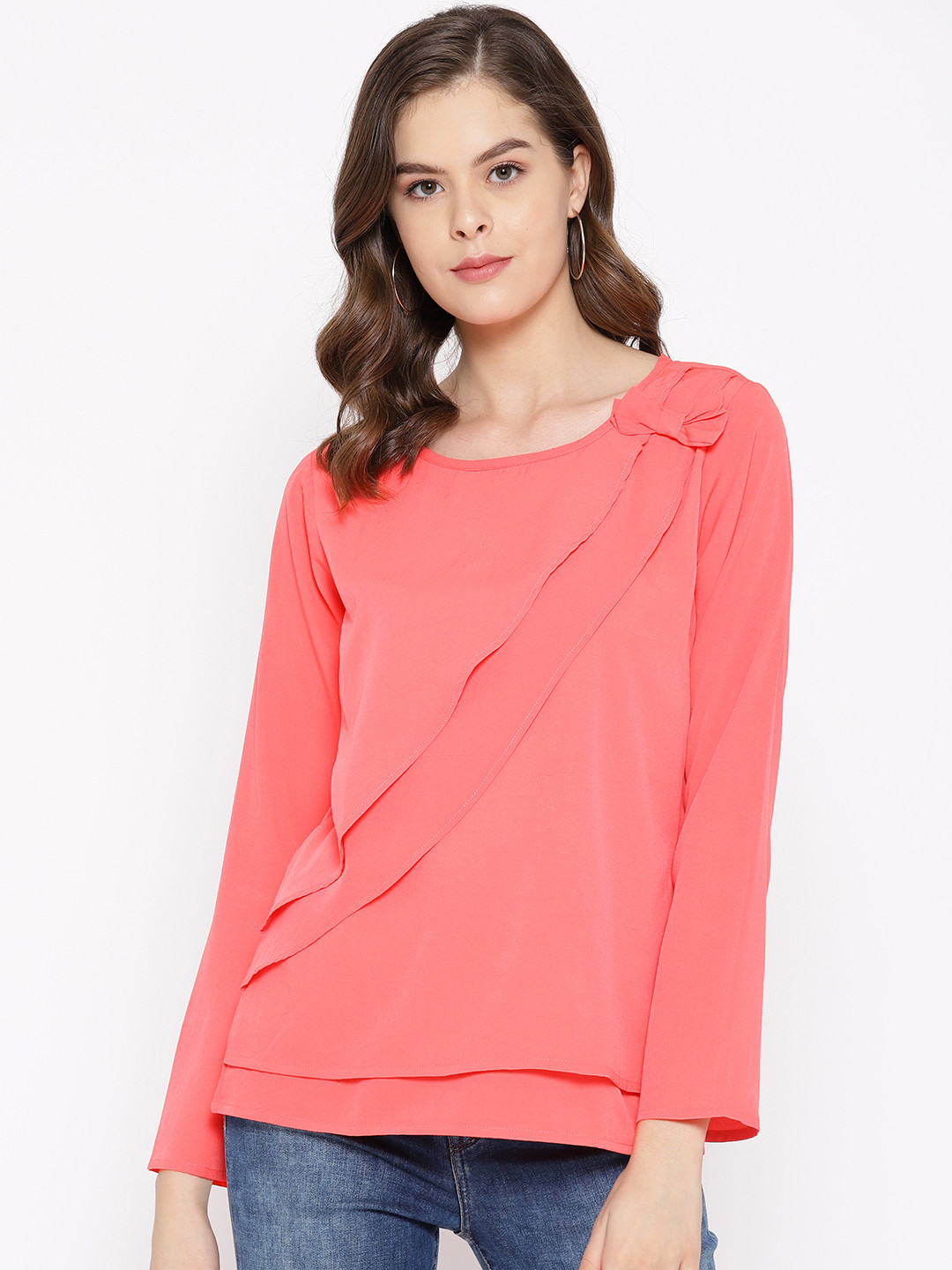 Buy Karmic Vision Women Coral Pink Solid Layered Top - Tops for Women ...