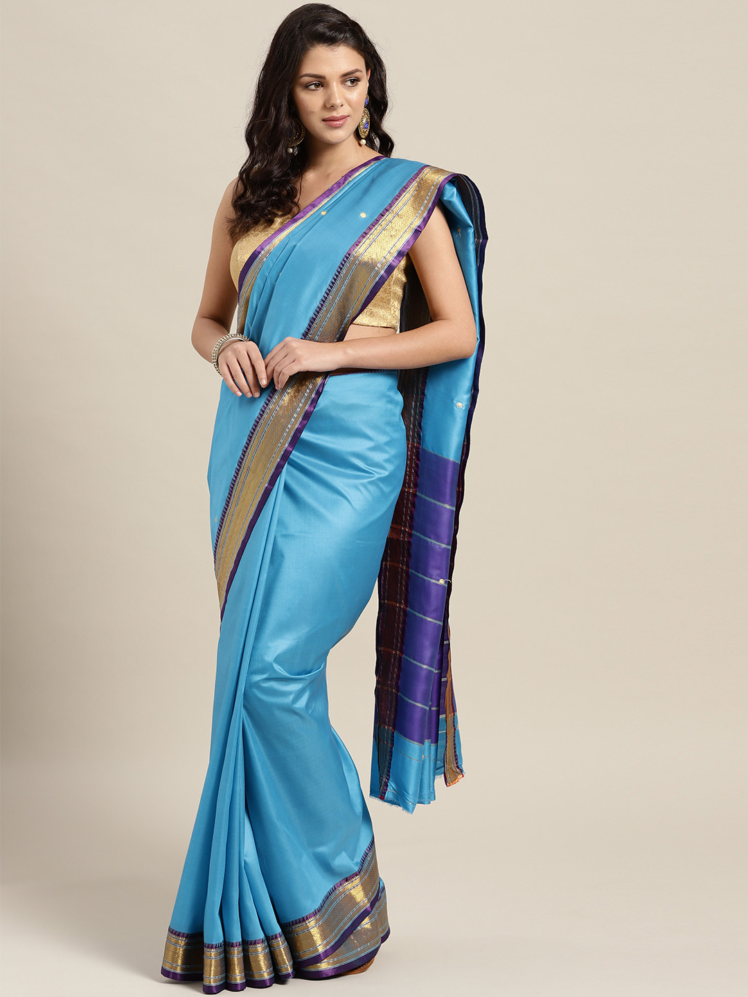 Buy Ishin Blue Solid Mysore Silk Saree - Sarees for Women 10436504 | Myntra