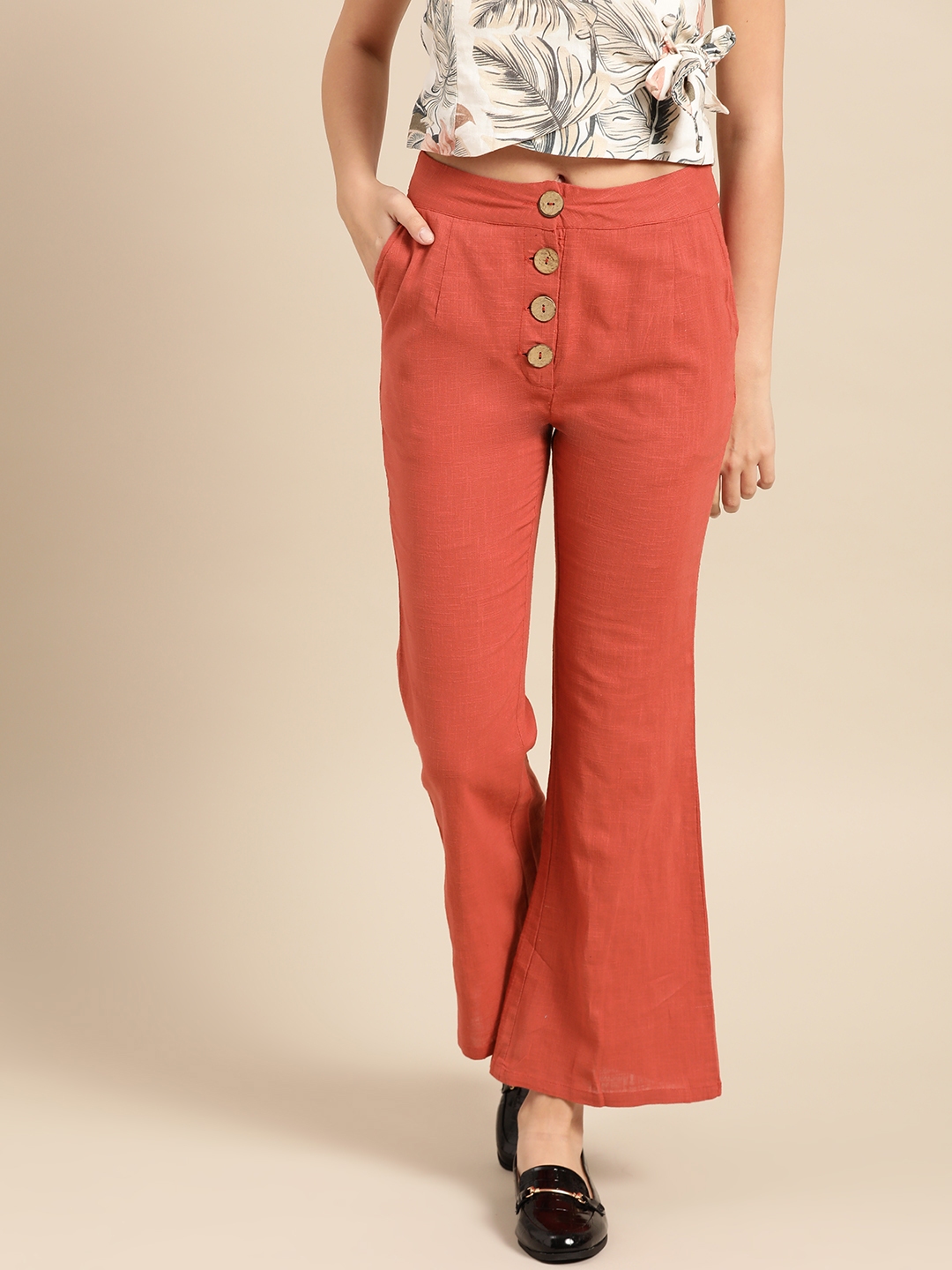 Buy Dressberry Women Rust Orange Regular Fit Solid Bootcut Trousers