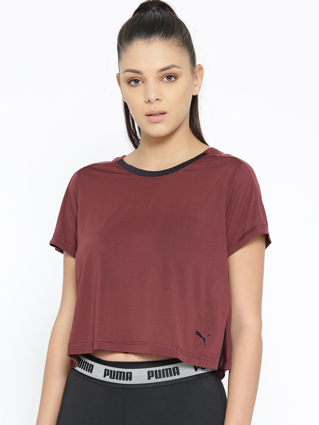Buy Puma Women Burgundy Self Design Logo Graphic Training T Shirt ...