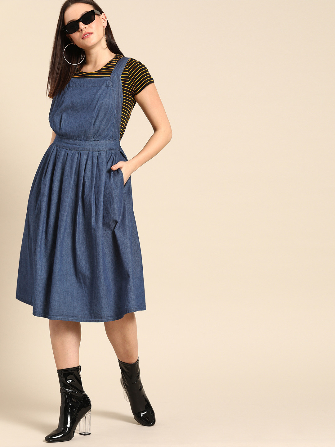 Buy DressBerry Women Blue Solid Pinafore Dress - Dresses for Women ...