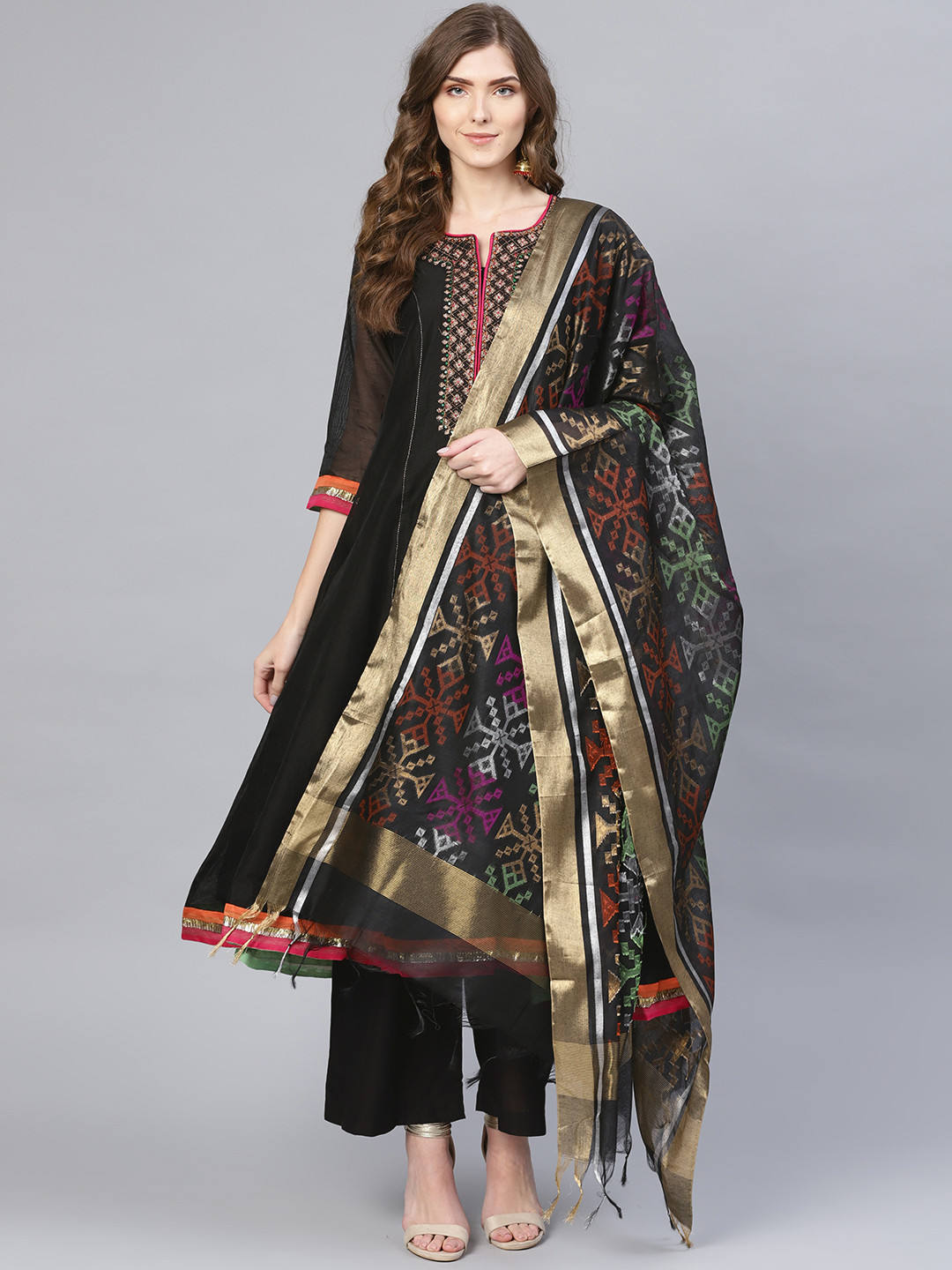 Buy Biba Women Black & Golden Yoke Design Kurta With Palazzos & Dupatta ...