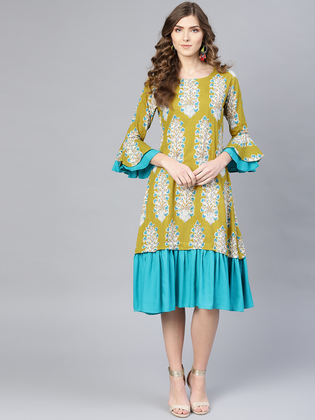 Buy Myshka Women Green & Blue Floral Printed A Line Dress - Ethnic ...